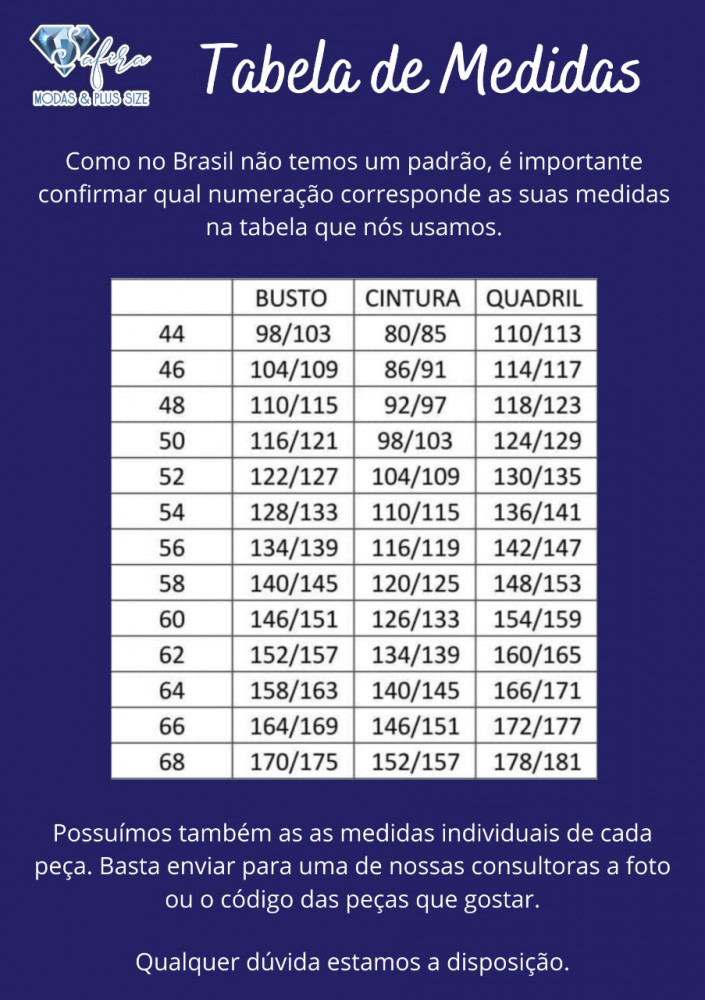 TABELA MEDIDAS - Safira Modas e Plus Size