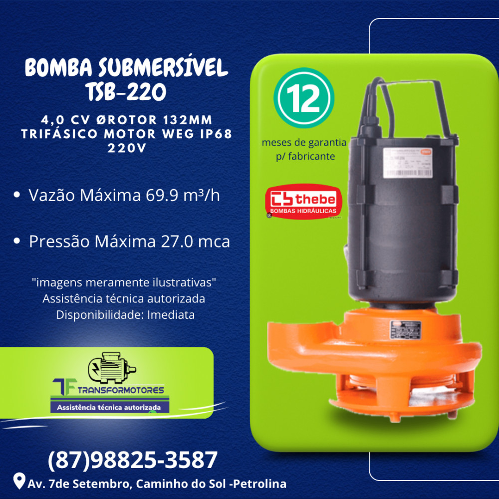 BOMBA SUBMERSÍVEL TSB-220 4,0 CV ØROTOR 132MM TRIFÁSICO MOTOR WEG IP68 ...
