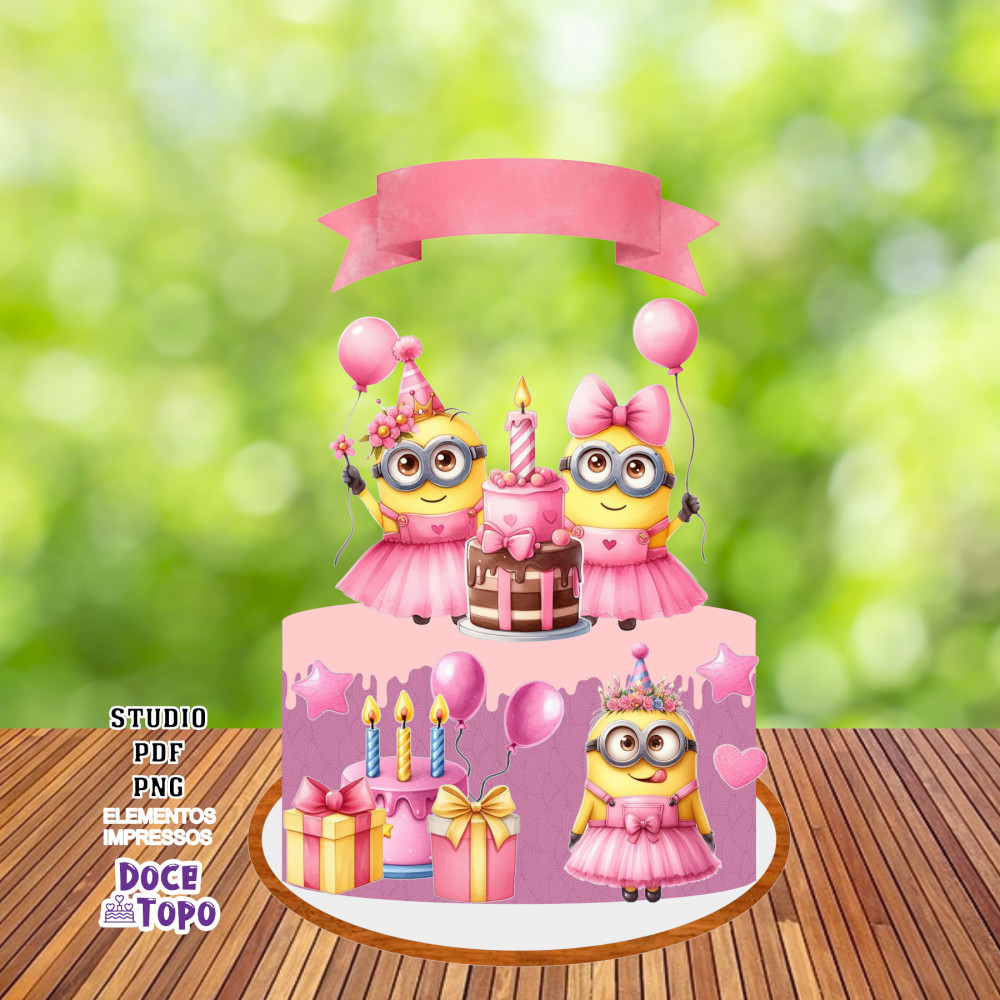 Topo de Bolo Minions Rosa 02 Studio/PDF/PNG - Doce Topo