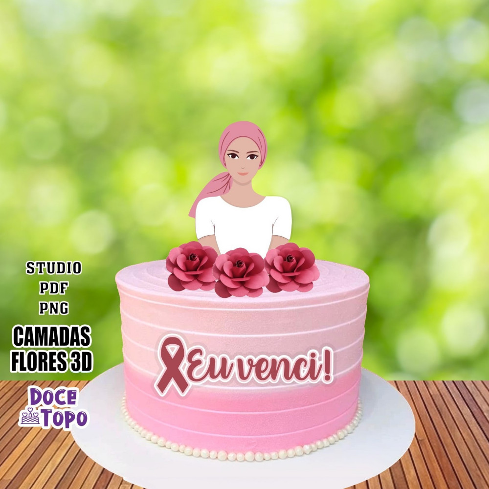 Topo de Bolo Outubro Rosa - Eu Venci! Studio/PDF/PNG - Doce Topo
