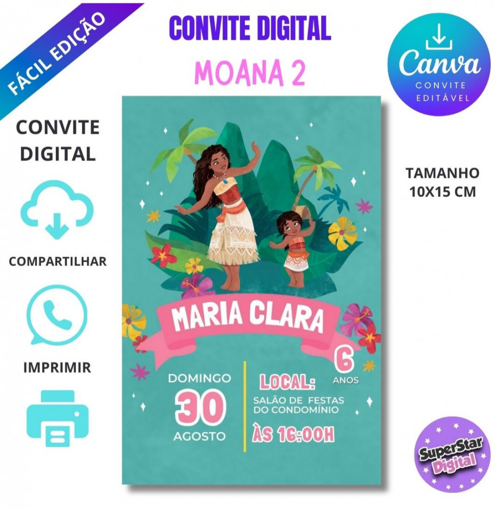 Convite digital Moana 2 - editável no canva - Super Estrela Criativa